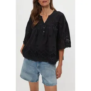 Michael Stars Gloria Flutter Sleeve Eyelet Top - Black