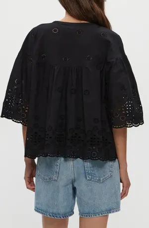 Michael Stars Gloria Flutter Sleeve Eyelet Top - Black