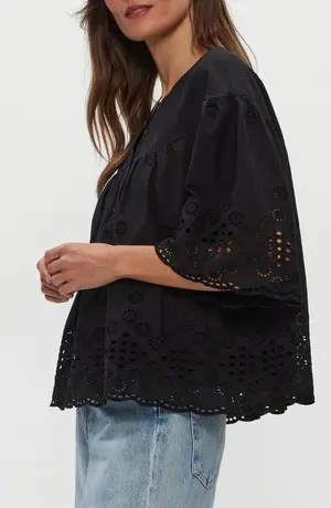 Michael Stars Gloria Flutter Sleeve Eyelet Top - Black