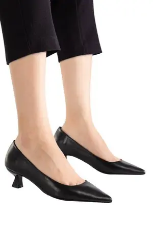 FOREVER & ALWAYS SHOES Helly Kitten Heel Leather Stiletto Pumps - Black Leather