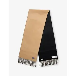 Burberry Brand-embroidery Fringed Cashmere Scarf - Camel /black