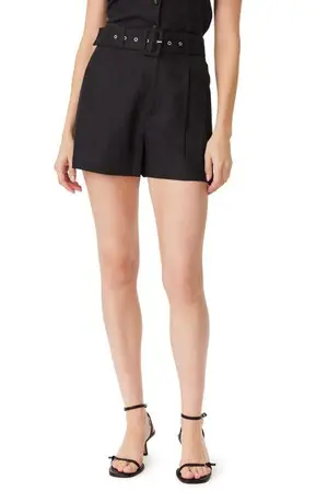 Habitual Belted Pleated Linen Blend Shorts - Black
