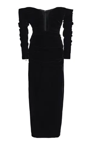 Carolina Herrera Ruched Off-the-shoulder Velvet Midi Dress - Black