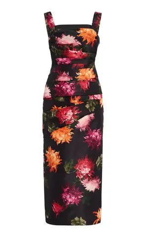 Carolina Herrera Pleated Floral Twill Midi Dress - Black