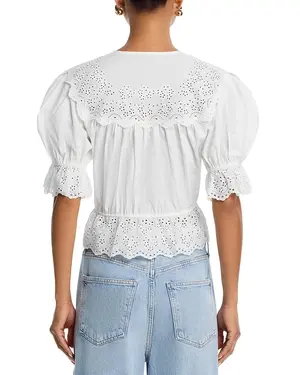 Aqua Eyelet Puff Sleeve Tie Top