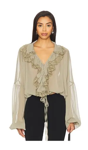 SNDYS. Cropped Chiffon Top With Ruffle And Lace Detail
