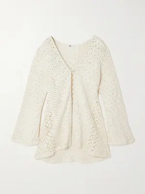 SARA CRISTINA Nerea Pearl-embellished Crocheted Cotton Coverup - Neutrals