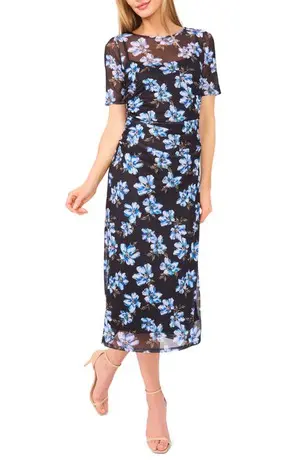 CECE DUPRAZ Floral Print Ruched Midi Dress