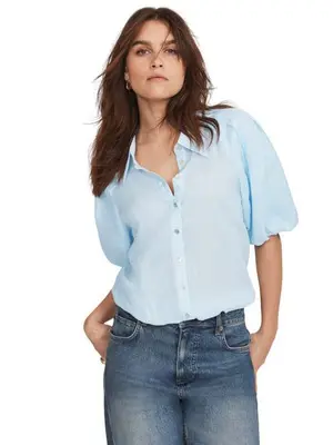 Mint Velvet Puff Sleeve Button-down Shirt - Blue