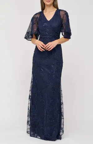 Js Collections Embellished Flutter Sleeve Gown