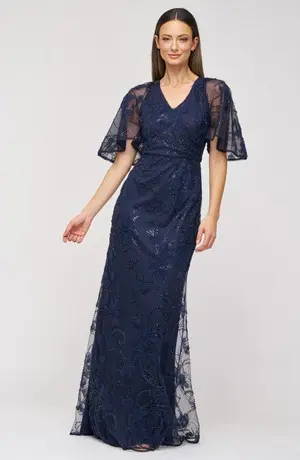 Js Collections Embellished Flutter Sleeve Gown