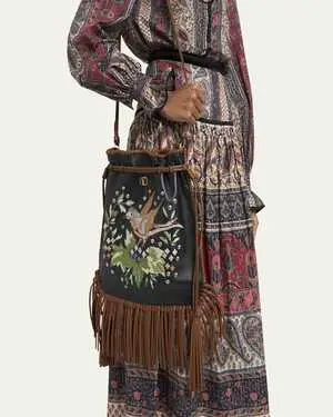 Valentino Garavani Nellcote Alice Large Fringe Studded Leather Bucket Bag