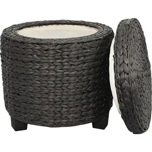 HAPPIMESS Addie 17.72" Modern Coastal Handwoven Water Hyacinth Storage Ottoman With Lid - Black