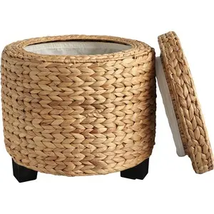 HAPPIMESS Addie 17.72" Modern Coastal Handwoven Water Hyacinth Storage Ottoman With Lid - Natural