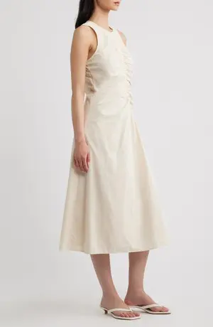 Theory Asymmetric Ruched Sleeveless Midi Dress - Almond