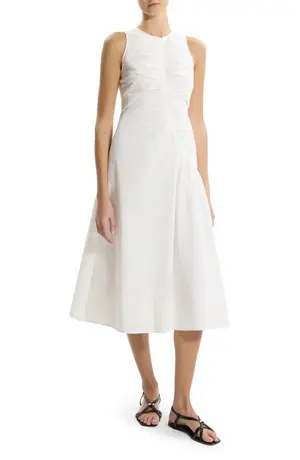 Theory Asymmetric Ruched Sleeveless Midi Dress - White