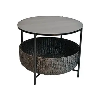 HAPPIMESS Carly 24.21" Modern Coastal Round Acacia Wood/water Hyacinth Coffee Table With Storage Basket - Black
