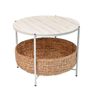 HAPPIMESS Carly 24.21" Modern Coastal Round Acacia Wood/water Hyacinth Coffee Table With Storage Basket - White