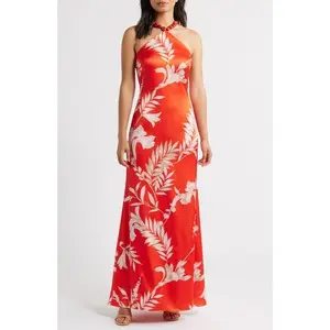 Vince Camuto Beaded Halter Neck Satin Gown
