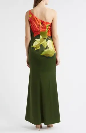 Vince Camuto Placed Print One-Shoulder Satin Gown In Olive - 60% Off |  Editorialist