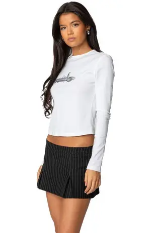 EDIKTED Retro Road Trip Long Sleeve Crop T-shirt