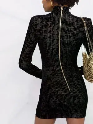Balmain Monogram Pattern Velvet Minidress
