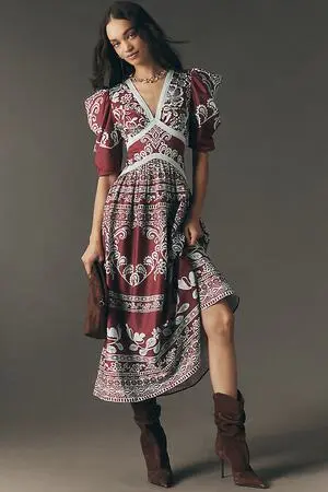 Farm Rio Printed V-neck Puff-sleeve Maxi Dress - Plum