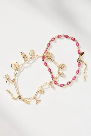 Anthropologie Beaded Charm Anklets Set - Pink