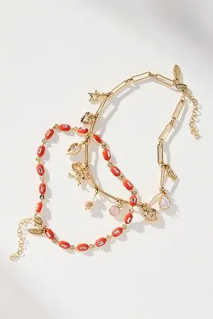 Anthropologie Beaded Charm Anklets Set - Red