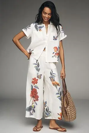 Anthropologie Brenna Linen Blend Short-sleeve Buttondown Shirt - Ivory Pattern