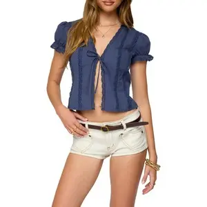 EDIKTED Lacey Tie-front Cotton Top - Blue