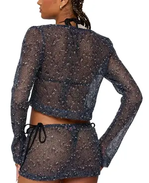 EDIKTED Idra Crochet Net Tie Front Top