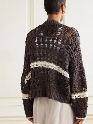 Brunello Cucinelli Striped Crocheted Jute-blend Cardigan