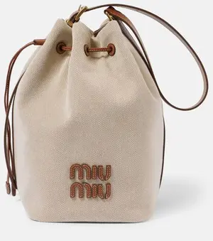 Miu Miu Logo Leather-trimmed Bucket Bag - Beige