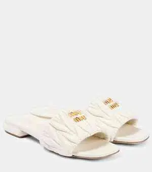 Miu Miu Logo Matelassé Leather Slides - White