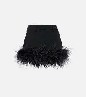 Miu Miu Feather-trimmed Wool Miniskirt - Black