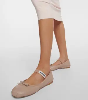 Miu Miu Logo Leather Ballet Flats - Beige