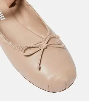 Miu Miu Logo Leather Ballet Flats - Beige