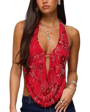 EDIKTED Beaded Chiffon Backless Cowl Neck Top - Red