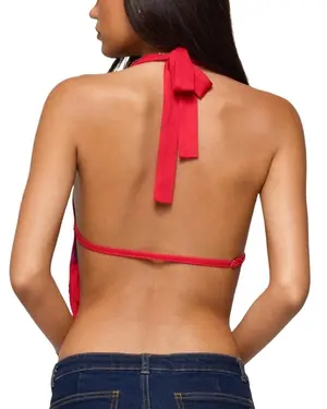 EDIKTED Beaded Chiffon Backless Cowl Neck Top - Red