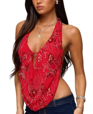 EDIKTED Beaded Chiffon Backless Cowl Neck Top - Red