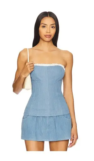 LOVERS AND FRIENDS Charlette Top Strapless Denim Bustier With Eyelet Trim