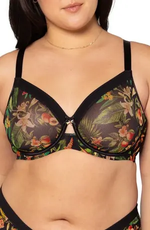 CURVY COUTURE Sheer Mesh Underwire Unlined Bra Dragonfly Garden