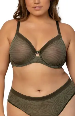 CURVY COUTURE Sheer Mesh Underwire Unlined Bra Olive Waves