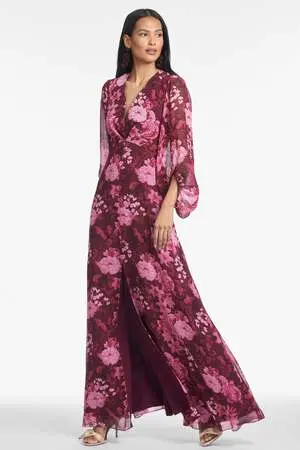 Sachin & Babi Floral Chiffon Empire Waist Gown - Raspberry Floribunda