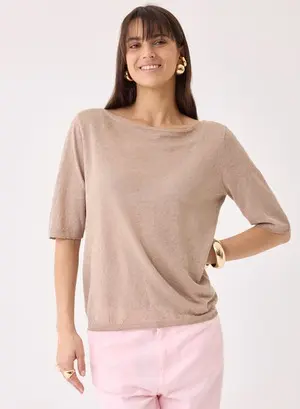 Majestic Filatures Stretch Linen Knit Three Quarter Sleeve Boatneck Shirt - Desert
