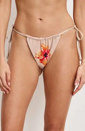 Good American Satin Tiny Ties Bikini Bottom - Champagne Tropical Hibiscus001