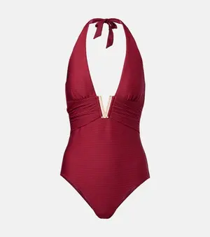 Heidi Klein Cassis Halterneck Ruched Swimsuit - Burgundy