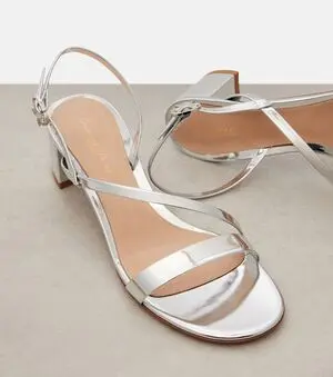 GIANVITO ROSSI Metallic Leather Block Heel Sandals - Silver