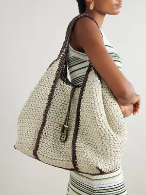 TOD'S T Timeless Leather-trimmed Crocheted Raffia Tote